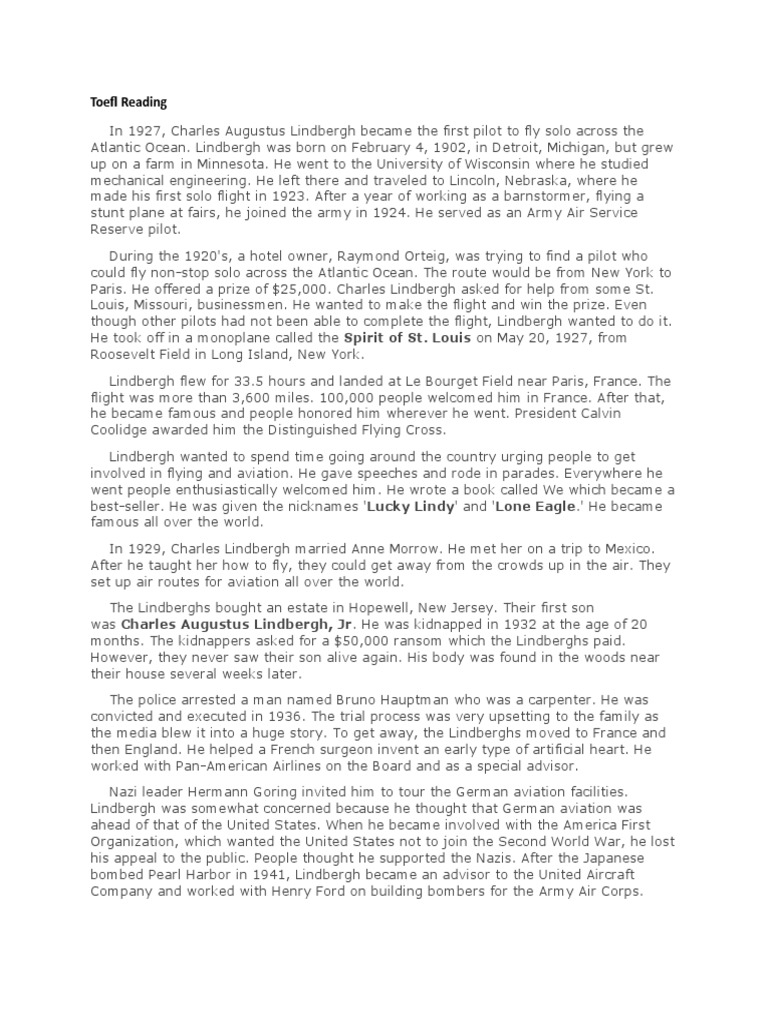 Charles Augustus Lindbergh Toef Reading | PDF | Charles Lindbergh ...