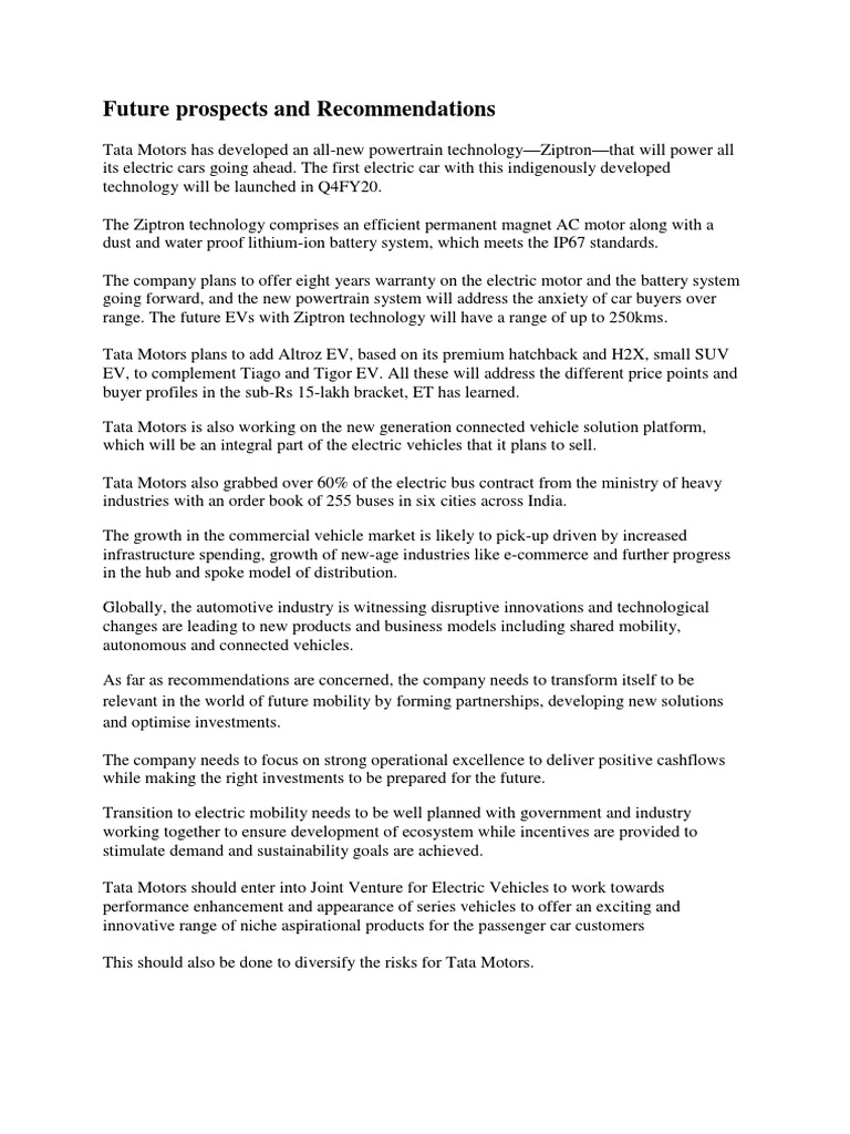 Future Prospects and Recommendations - TATA Motors | PDF | Electric ...