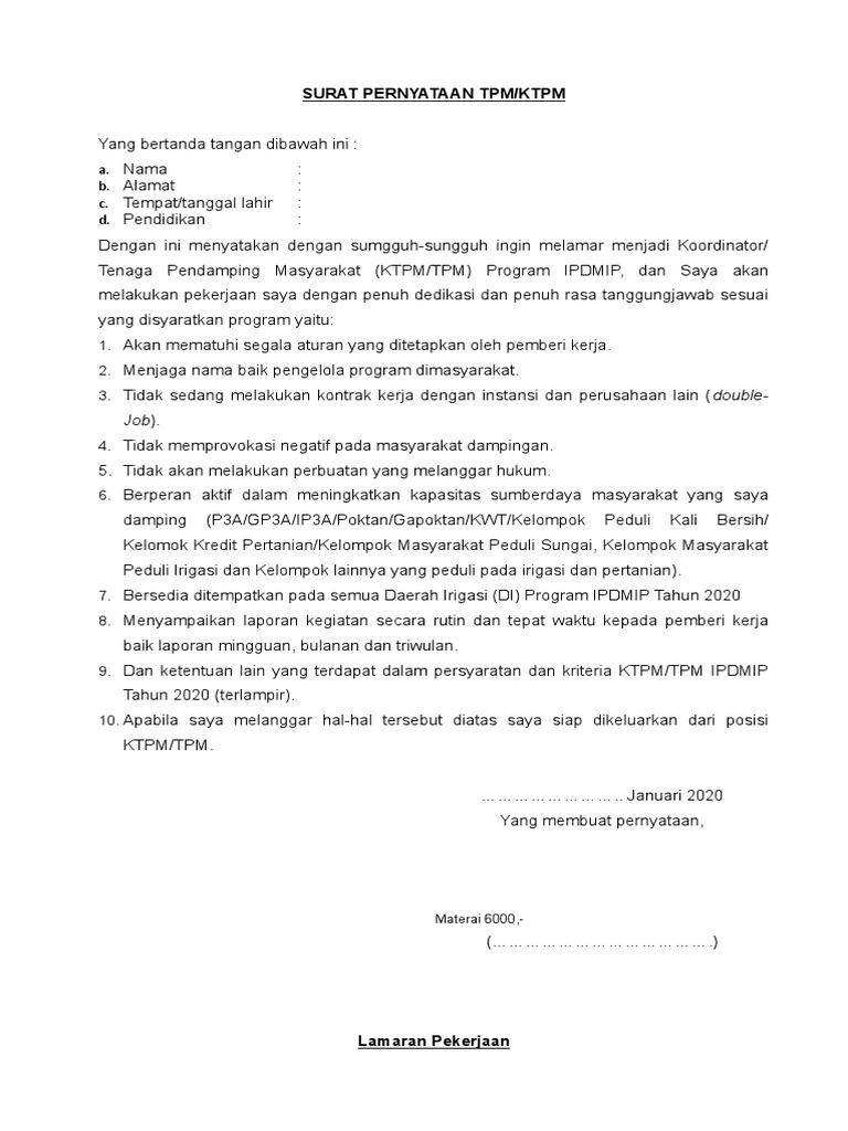 Lamaran Dan Pernyataan TPM-KTPM | PDF