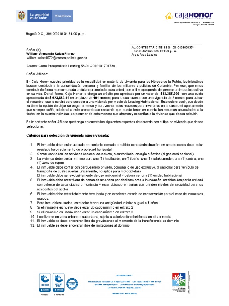 83-01-2019103001354 Carta Preaprobado Leasing PDF | PDF | Arrendamiento ...