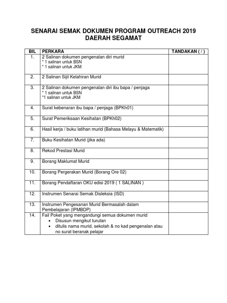 Senarai Semak Dokumen Outreach 2019 | PDF