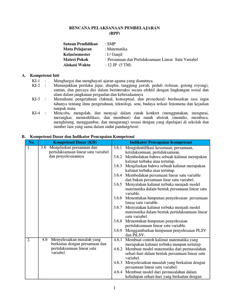 Contoh RPP PLSV & PTLSV | PDF