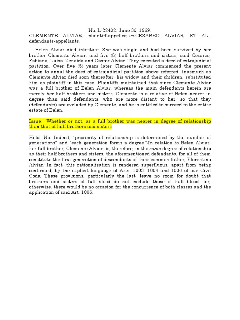 Alviar vs. Alviar 28 SCRA 610, June 30, 1969 | PDF