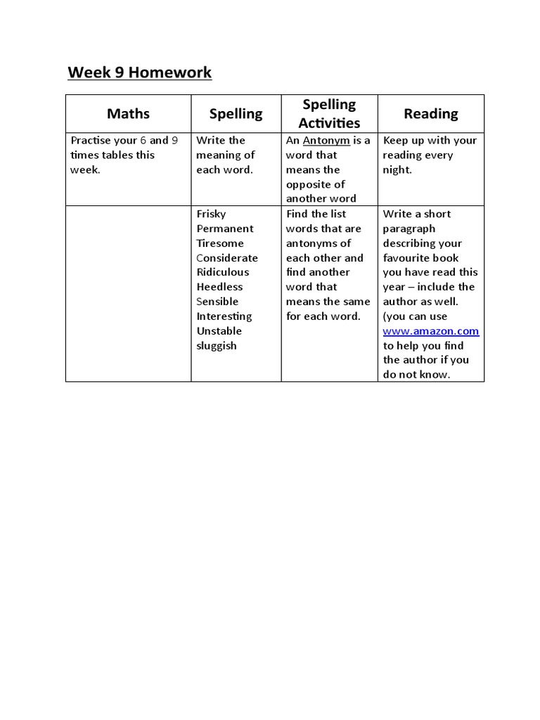 Week 9 Homework: Maths & Spelling Tasks | PDF