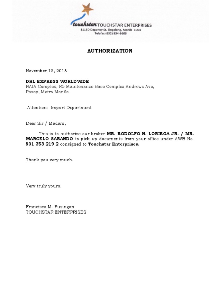 Authorization Letter - Touchstar Letterhead - Air Shipment - DHL | PDF