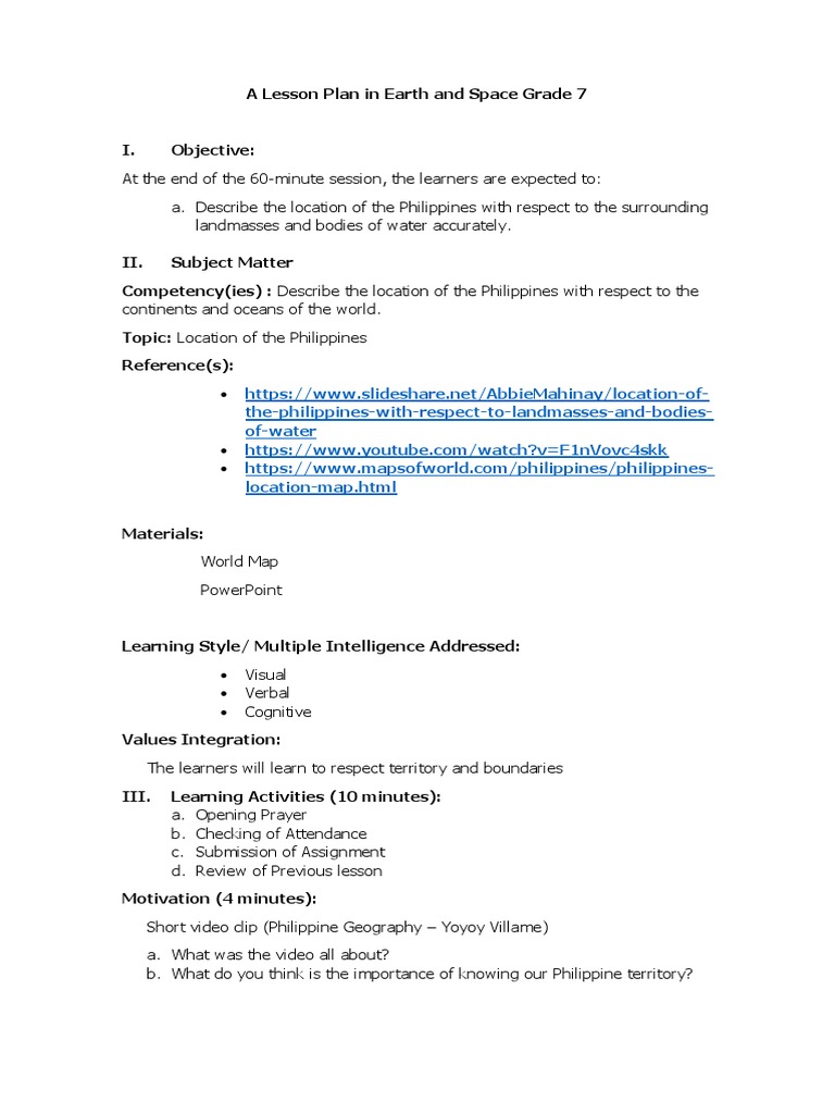 Grade 7 Earth Science: Philippines Location | PDF | Continent | Lesson Plan