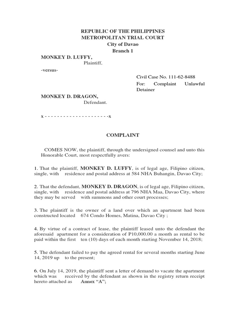5 Complaint-For-Unlawful-Detainer | PDF | Affidavit | Lawsuit