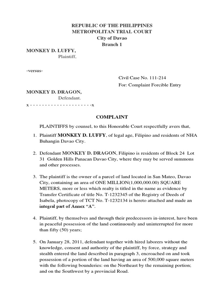 Forcible Entry Case: Luffy vs. Dragon | PDF | Affidavit | Lawsuit