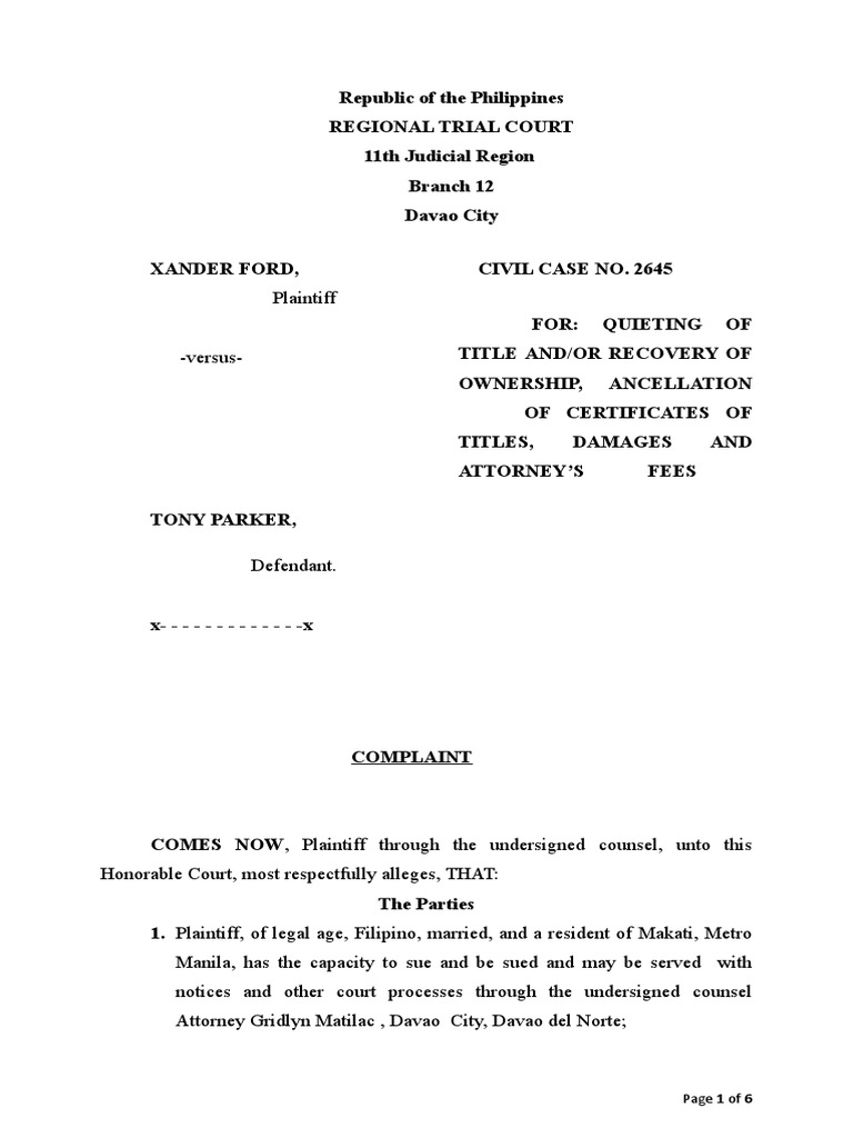 9 Complaint-Quieting-of-Title | PDF | Affidavit | Lawsuit