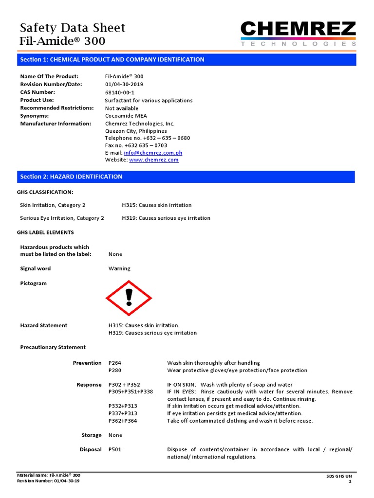 GHS SDS - Fil-Amide 300 Rev 01 - 04-30-2019 | PDF | Toxicity ...