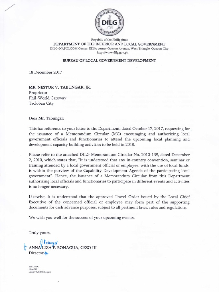 DILG-BLGD Letter To PWG Re Use MC 2010-139 | PDF