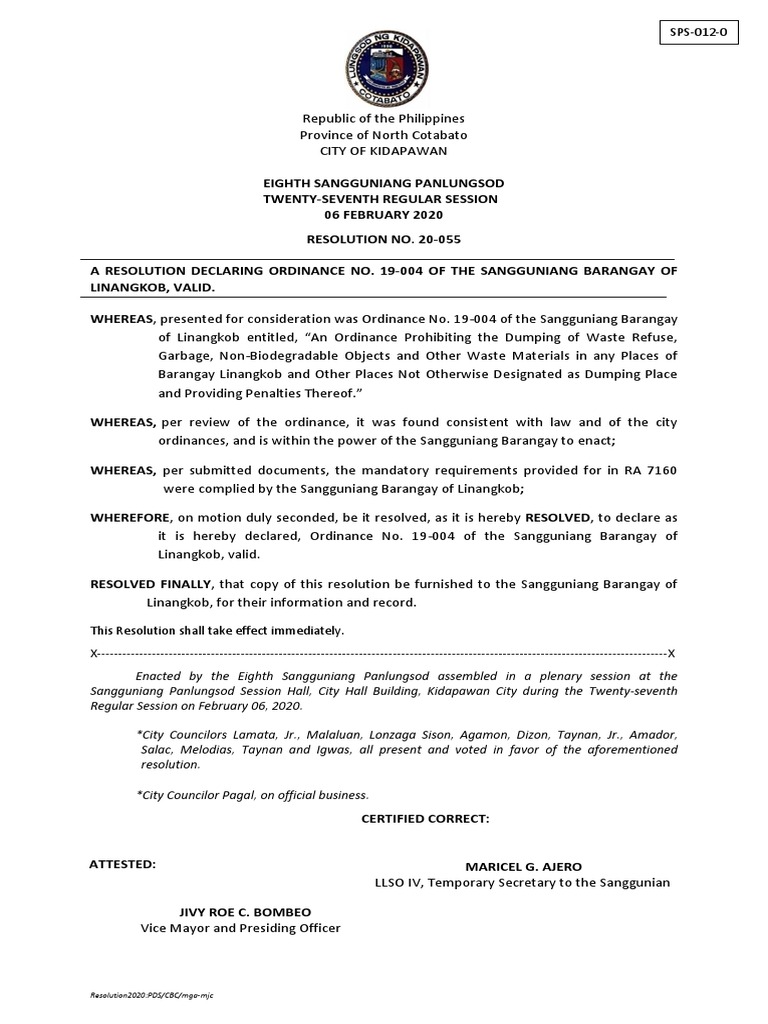 Resolution - Declaring Brgy Linangkob Ordinance No 19-004 Solid Waste ...