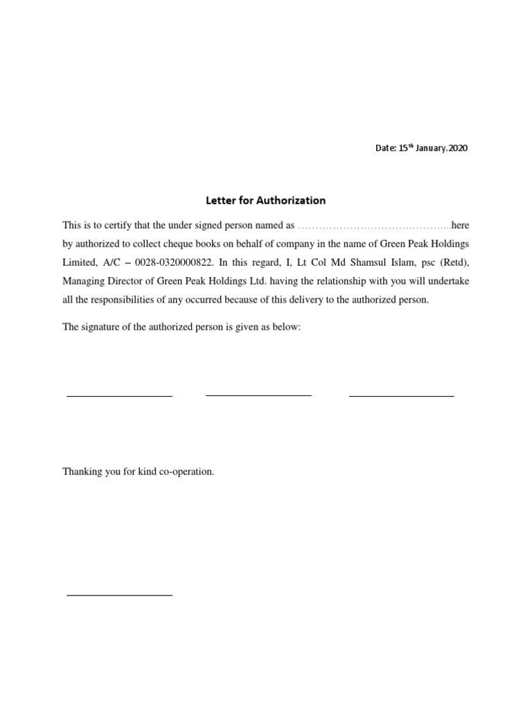 Authorization Letter Cheque Collect | PDF