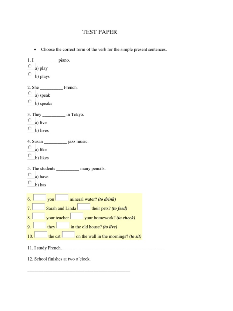 TEST PAPER (Present Simple&cont) | PDF | Language Arts & Discipline | Art