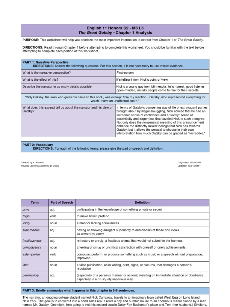 M3L3 The Great Gatsby - Chapter 1 Analysis | PDF | The Great Gatsby ...