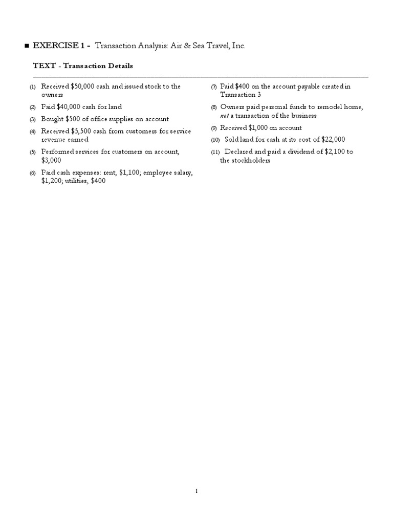 Exercise 1 - Transaction Analysis | PDF | Retained Earnings | Expense