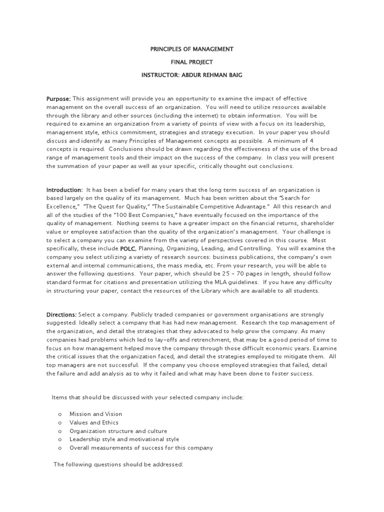Principles of Management Final Project Guidlines | PDF | Leadership ...
