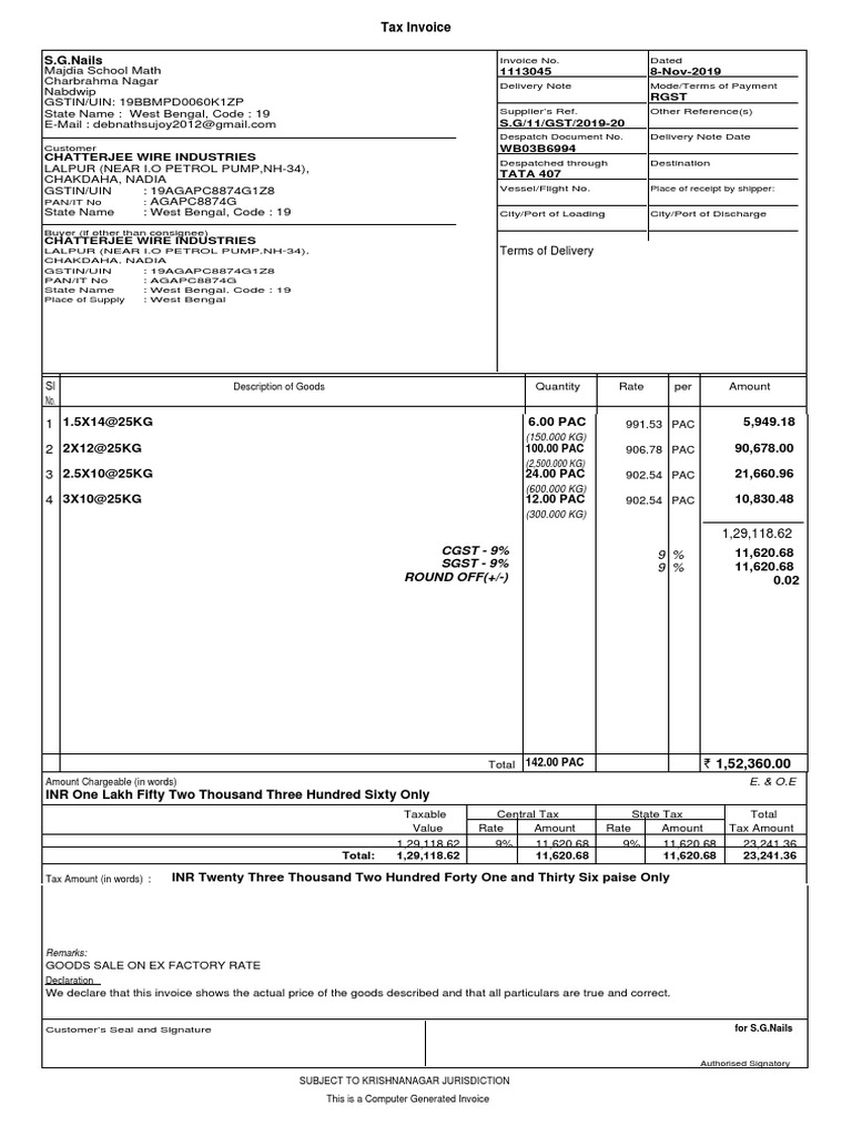 Analysis of a Tax Invoice for Wire Industries in West Bengal Detailing ...
