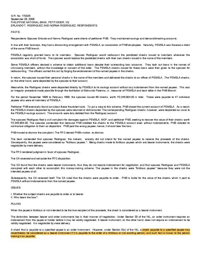 DIGEST PNB V Rodriguez | PDF | Cheque | Deposit Account