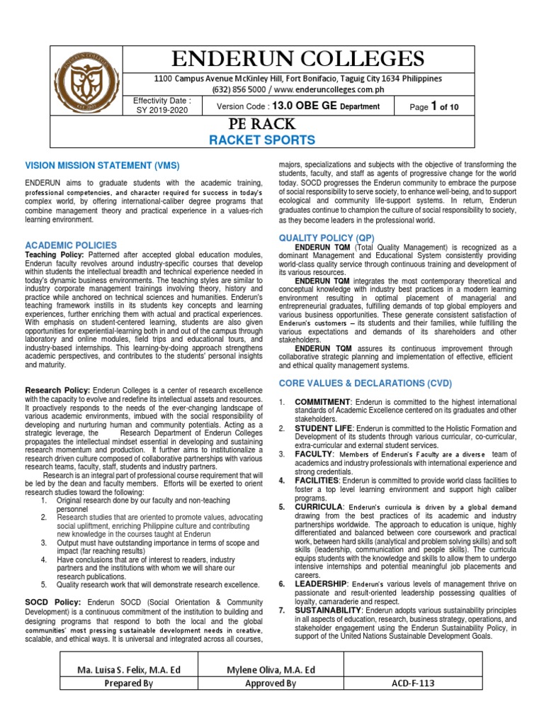PE RACK Racket Sports | Download Free PDF | Curriculum | Cognition