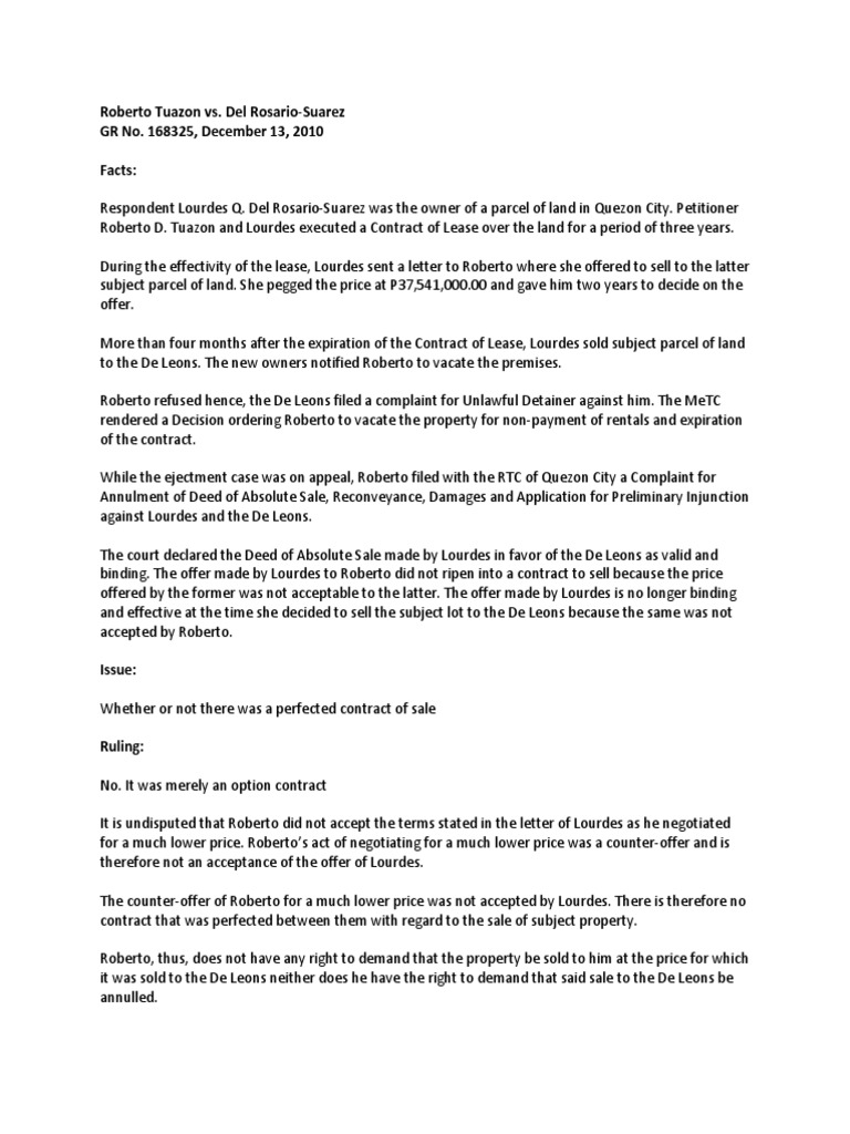 Roberto Tuazon Vs Del Rosario-Suarez | PDF | Offer And Acceptance | Option (Finance)