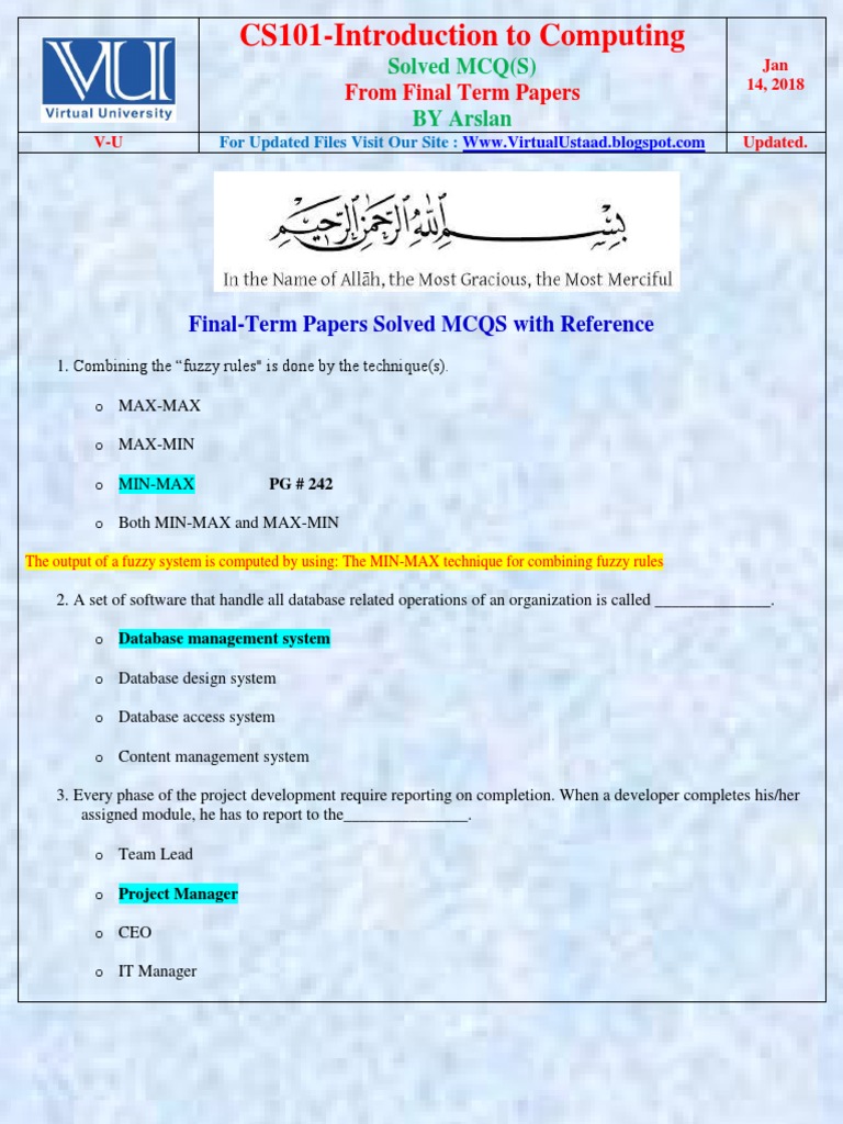 CS101-FinalTerm MCQs With Reference Solved by Arslan PDF | PDF | Internet Protocol Suite | Peer ...
