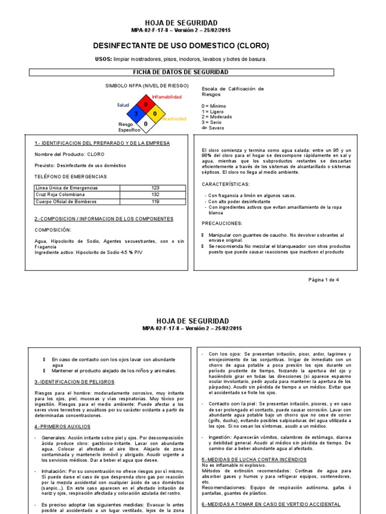 Cloro MSDS | PDF | Cloro | Agua
