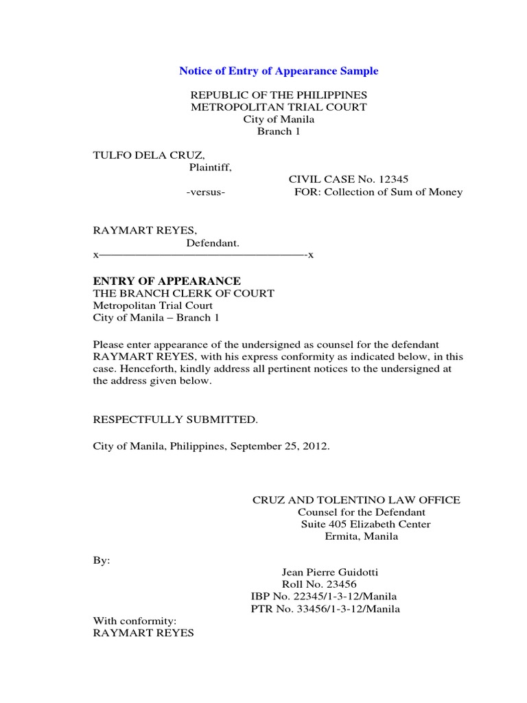 Notice of Appearance As Counsel Sample JMC Law | PDF
