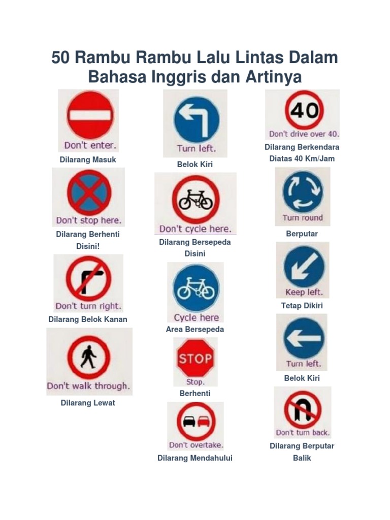 50 Rambu Rambu Lalu Lintas Dalam Bahasa Inggris Dan Artinya | PDF
