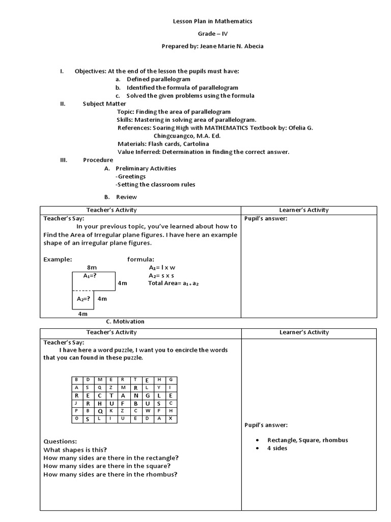 Lesson Plan in Mathematics | PDF | Area | Lesson Plan