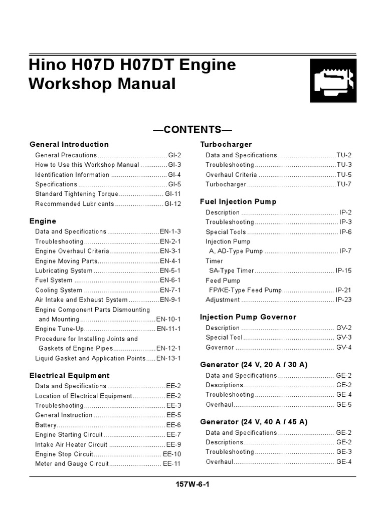 Hino H07D H07DT Engine Workshop Manual, Hino Diesel Engine Parts ...