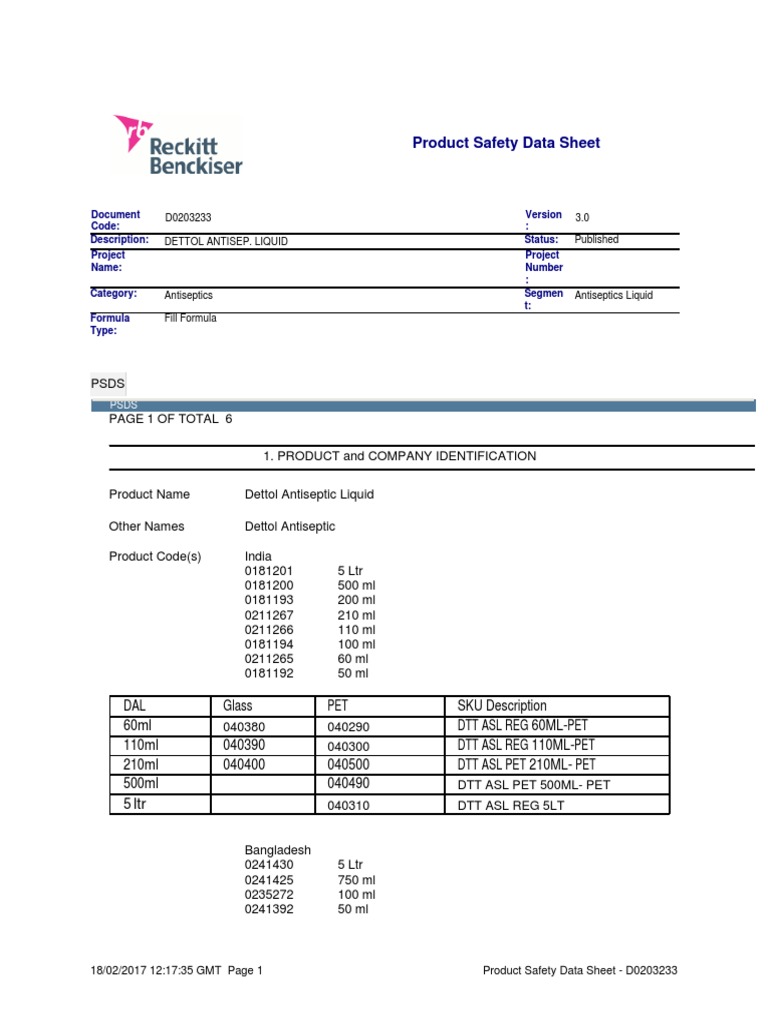 Product Safety Data Sheet - D0203233 | PDF | Toxicity | Dangerous Goods