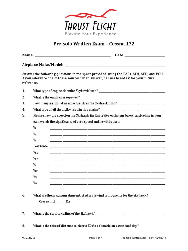 Cessna 172 - 172s Pre Solo Written Exam - July 2019 | PDF | Aeronautics ...