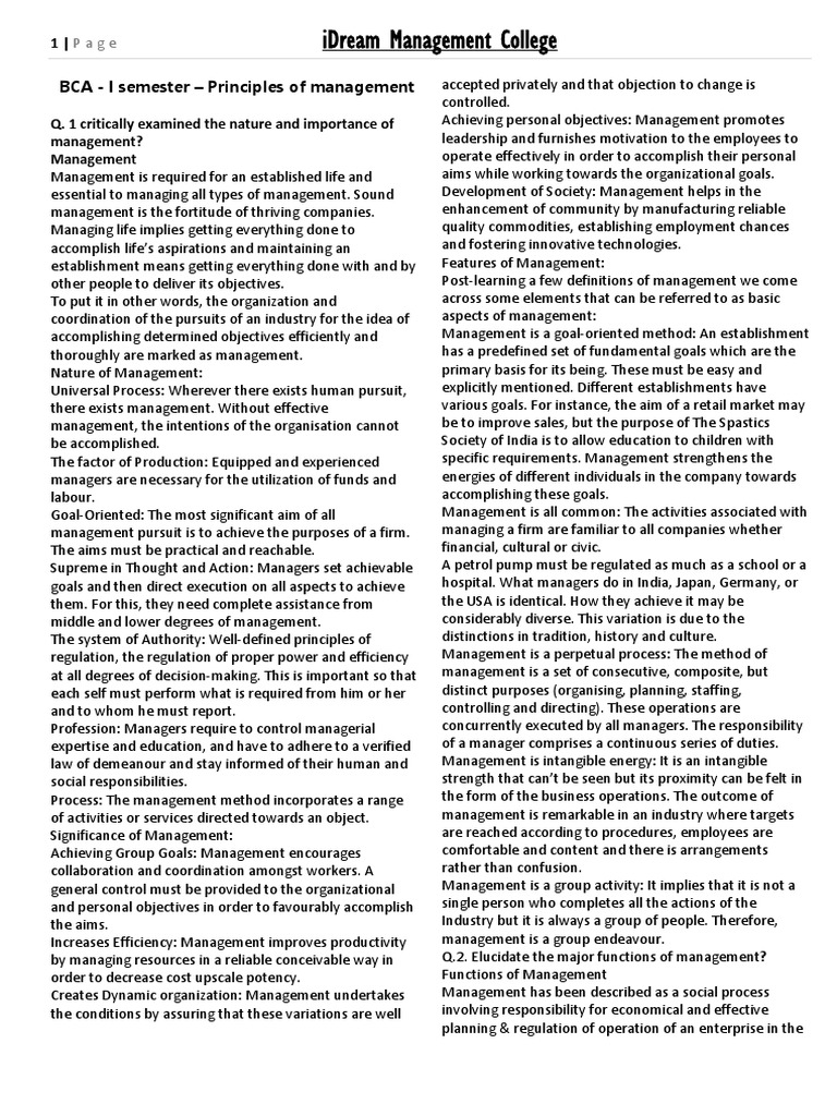 Principles of Management - BCA I Sem | PDF | Goal | Science