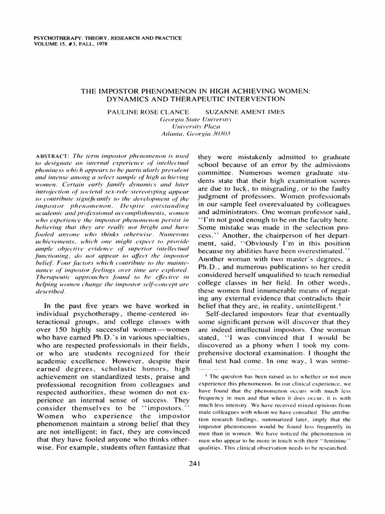 The Impostor Phenomenon Pdf Psychotherapy Gestalt Therapy