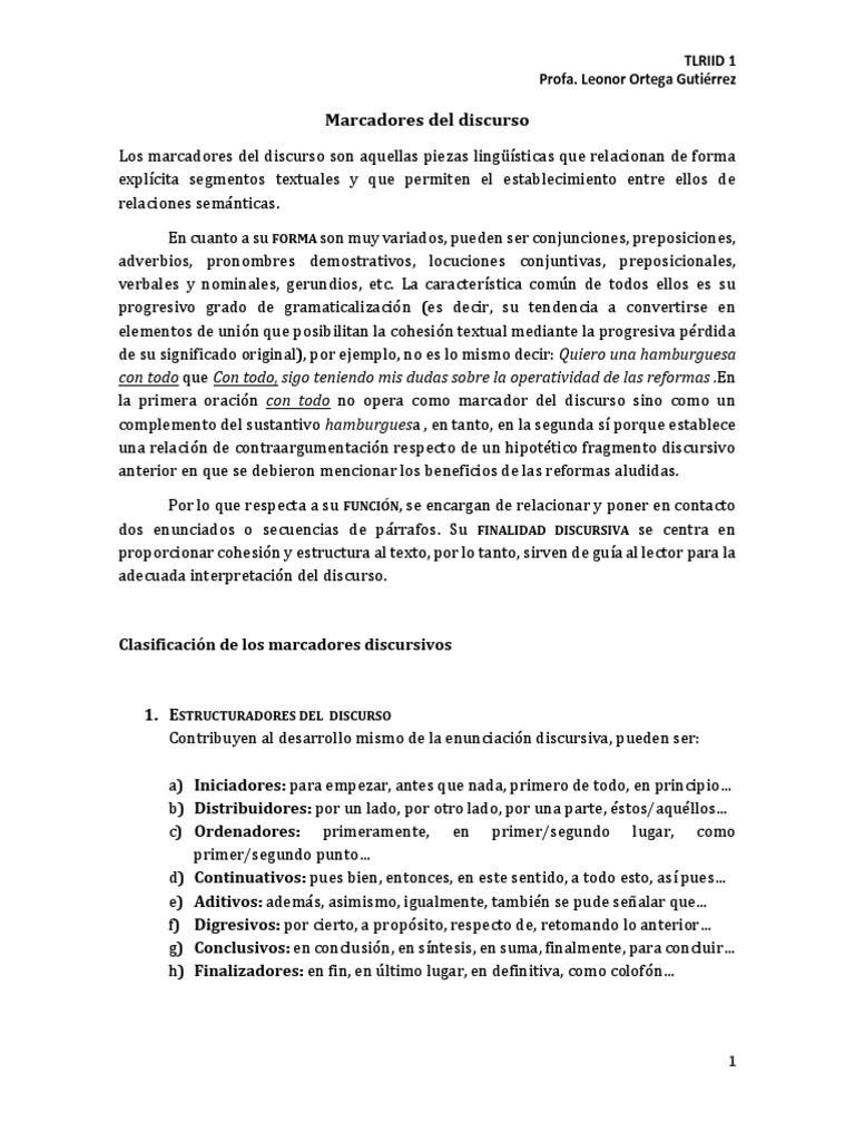 Ejemplo y ejercicios de marcadores discursivos | PDF | Semiótica ...