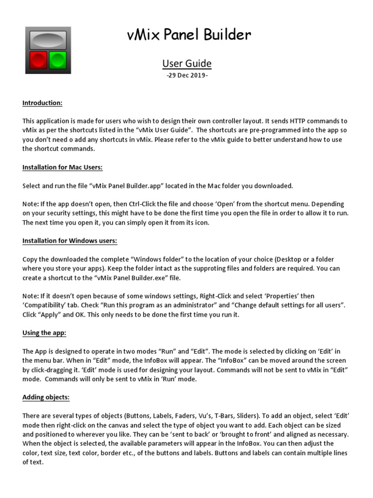 Vmix Panel Builder User Guide Pdf Keyboard Shortcut Icon Computing