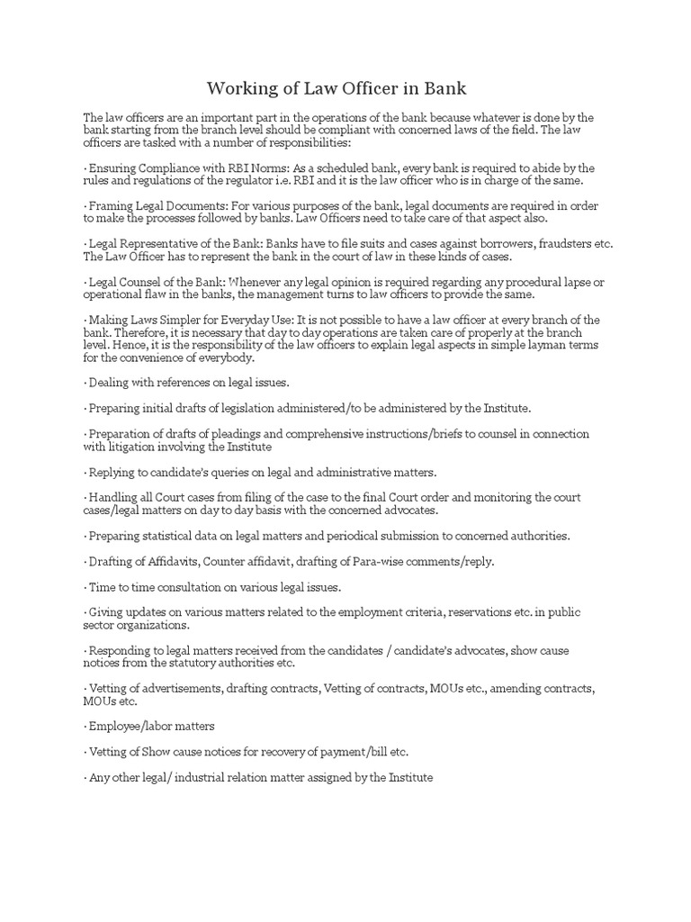 Working of Law Officer in Bank | PDF | Advocate | Banks