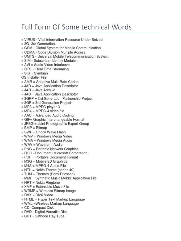 Full Form of Some Technical Words | PDF | General Packet Radio Service ...