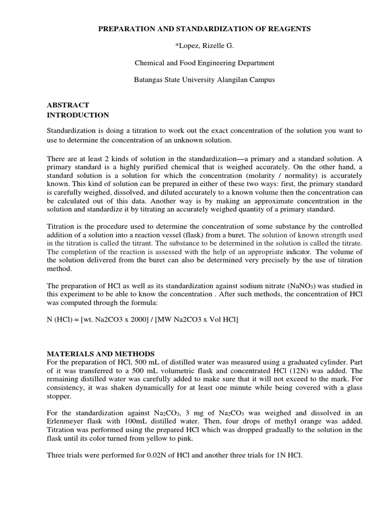 Preparation and Standardization of Reagents | PDF | Titration | Chemistry