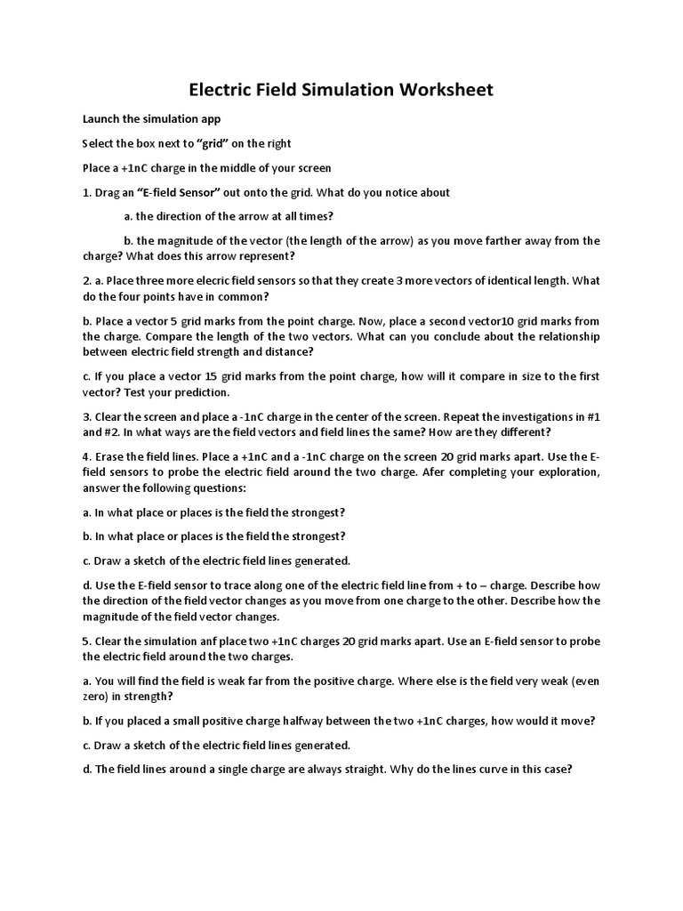 Electric Field Simulation Worksheet | PDF