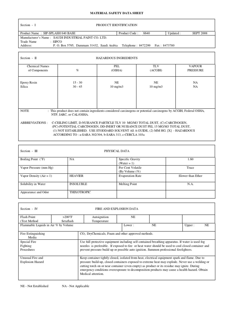 Safety Data Sheet for SIP-SPLASH 640 BASE and HARDENER | PDF | Nausea ...