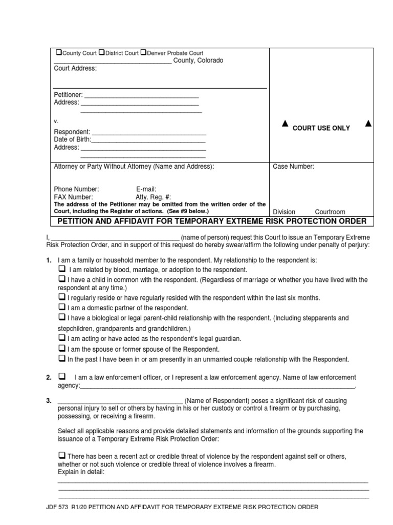 JDF 573 - Petition and Affidavit For Temporary Extreme Risk Protection ...