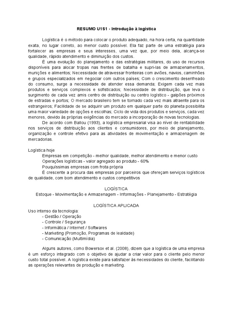 Processos Logísticos U1S1 Resumo | PDF | Cadeia de suprimentos | Logística