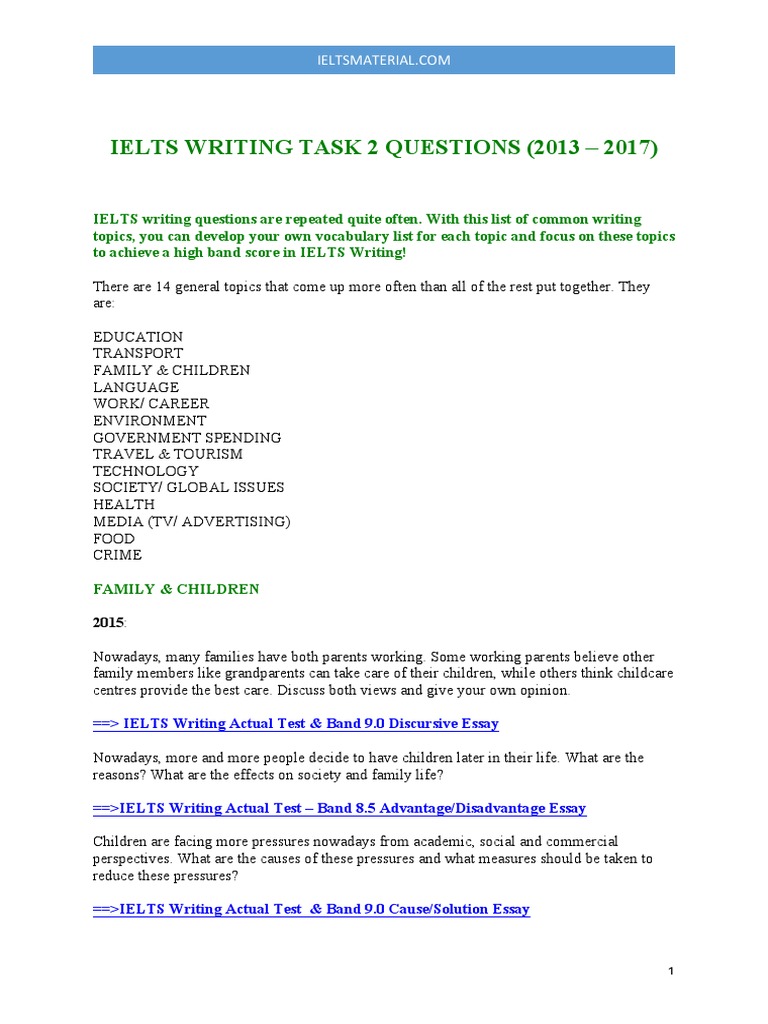 Ielts Writing Task 2 Questions (2013 - 2017) PDF | PDF | Tourism | Essays