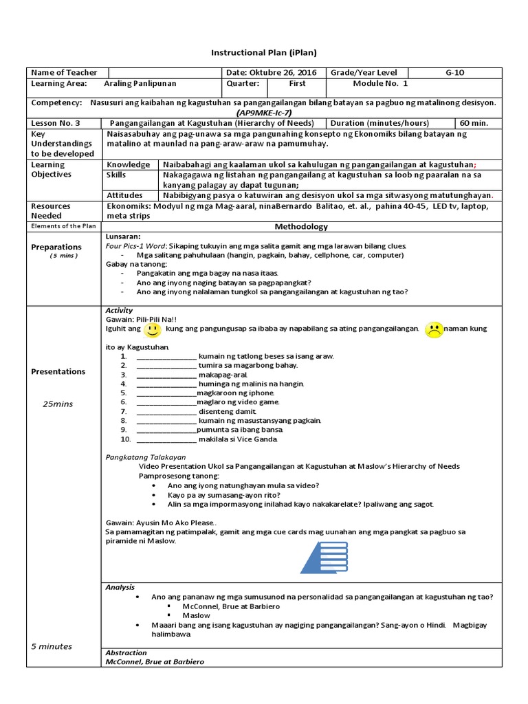Lesson Plan Pangangailangan at Kagustuhan | PDF