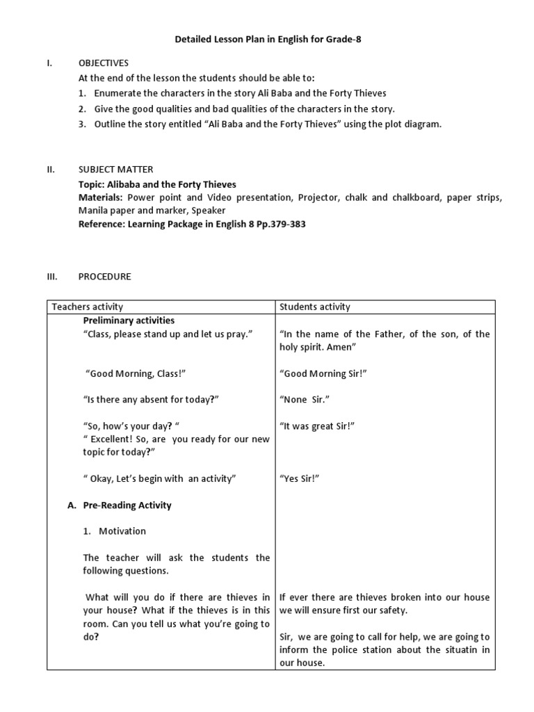 Lesson Plan: Ali Baba and Thieves | PDF | Language Arts & Discipline