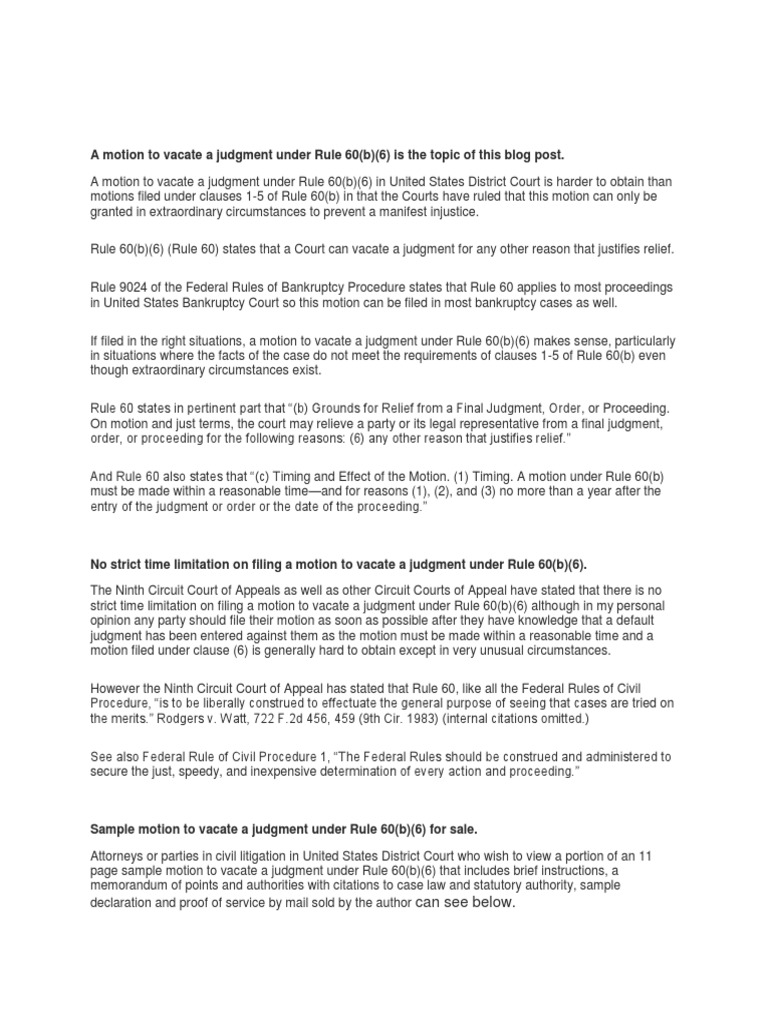 Rule 60(b)(6) Motion to Vacate Judgment | PDF | United States Court Of ...