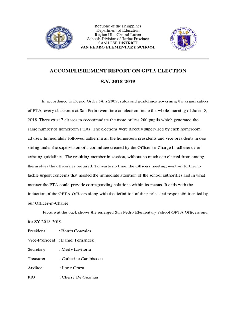 GPTA Election Accomplishment Report 2018-2019 | PDF | Wellness
