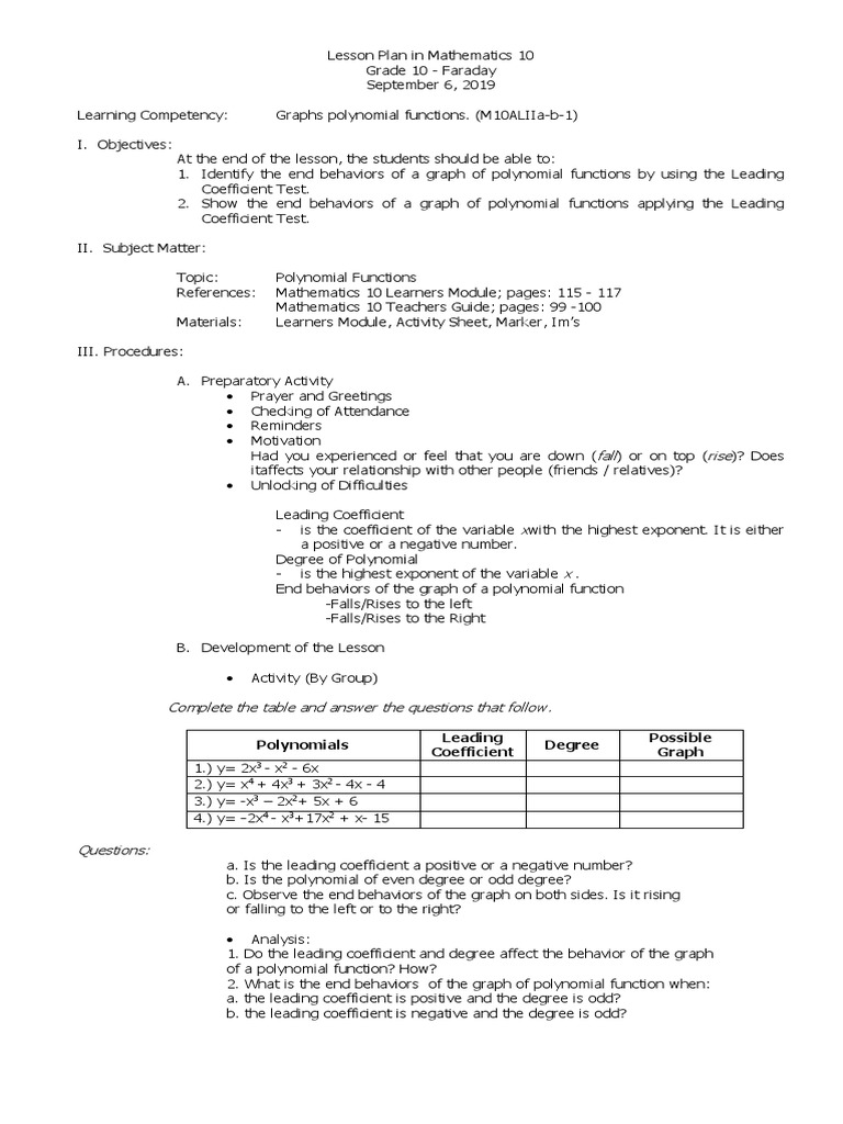 CO1 Lesson Plan | Download Free PDF | Polynomial | Function (Mathematics)